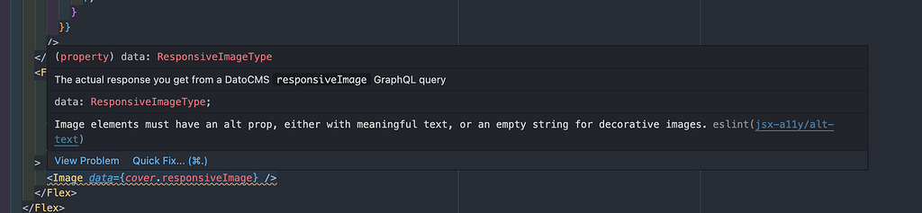 Disabling jsx-a11y/alt-text for DatoCMS react Image component - 🆘 ...